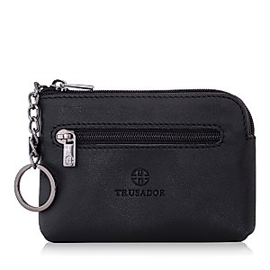 Trusador Milano Unisex Leather Front Pocket Wallet Coin Purse Zipper Pouch with Keychain (Black)
