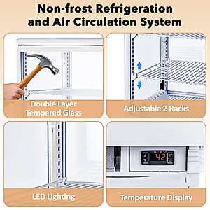 Takywep Commercial Refrigerator Display Case 2 Cu.FT, Two Glass Door Display Refrigerator Display Fridge, Countertop/Floor Refrigerator with LED Lighting, Adjustable Shelves, Double-Layered Glass