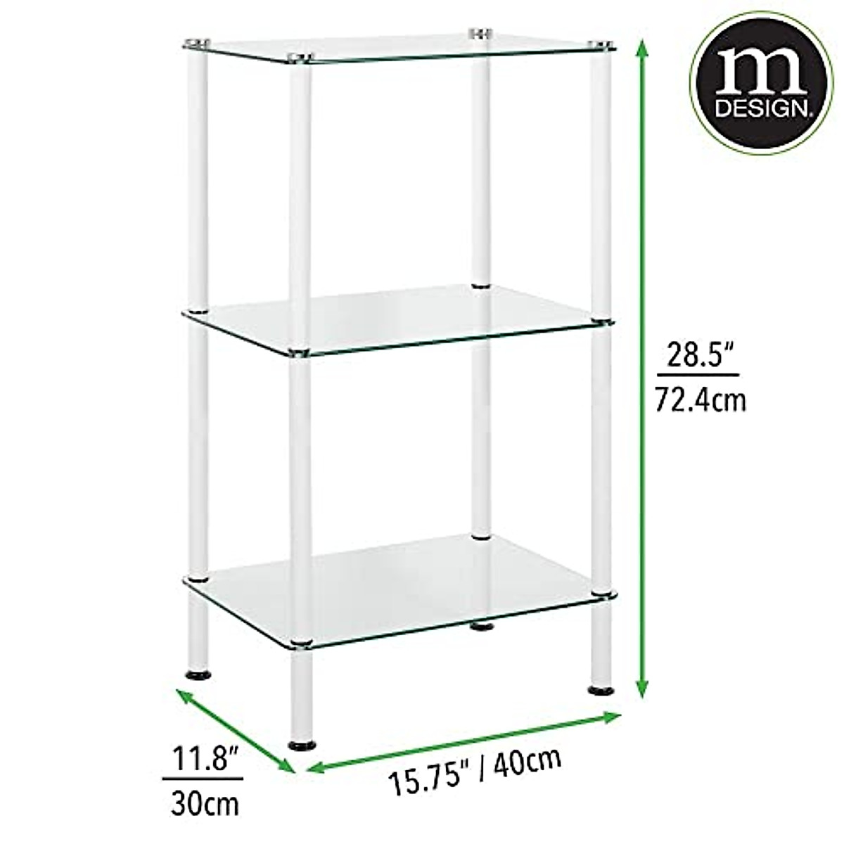mDesign Metal/Glass 3-Tier Storage Tower, Narrow Shelving Display Unit, Open Glass Shelves; Multi-Use Stand for Living Room, Bathroom, Home Office, Hallway, Bedroom Organization - White/Clear