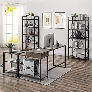 BON AUGURE Industrial L Shaped Computer Desk with Shelves, Rustic Wood Home Office Desks, Reversible Corner Desk with Storage (59 Inch, Dark Grey Oak)