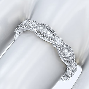 PRSTANI 14k White Gold Fancy Marquise Shape Milgrain Round Brilliant Genuine Moissanite Ring Wedding Band (5.5)