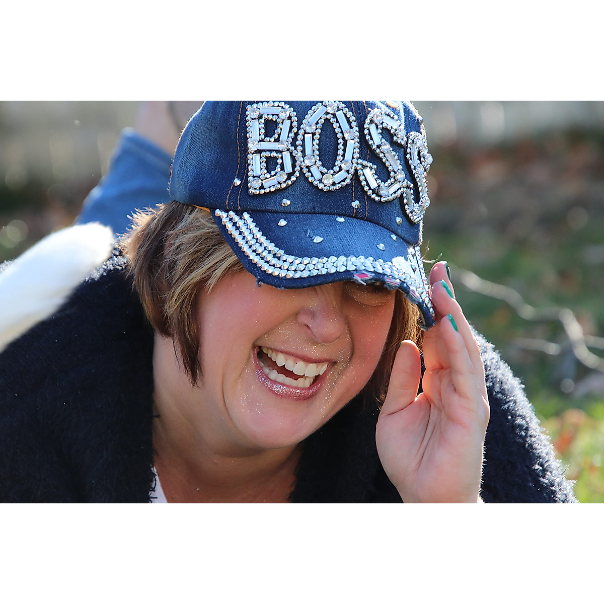 Popfizzy Bling Boss Hat for Women Rhinestone Hat, Bedazzled Baseball Caps, Distressed Hat, Fancy Bejeweled Hats, Sparkle Studded Denim Ball Caps (Boss)