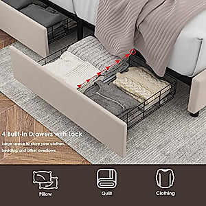 HOSTACK Queen Bed Frame with 4 Storage Drawers, Upholstered Platform Frame with Button Tufted Headboard, Heavy Duty Mattress Foundation with Wooden Slats, No Box Spring Needed (Beige)