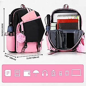 FRONET Backpack for Girls Teenage School Bags for Elementary Middle High Student Kids Casual Laptop Daypack Grade 7 8 9 10 Ages 11 12 13 14 15 16 Children Kawaii Pink Bookbag Set with Lunch Bag