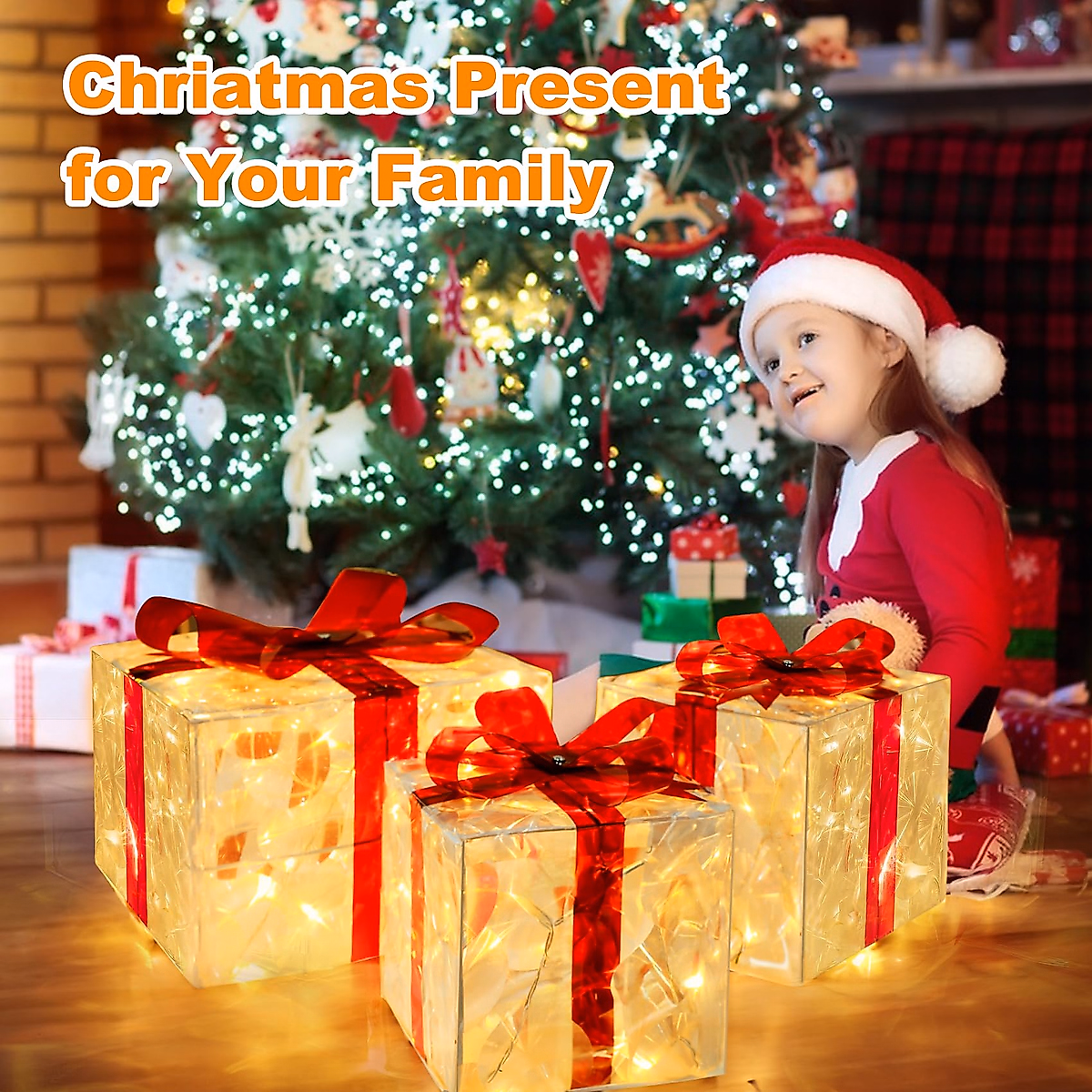 Large Christmas Lighted Present Boxes Decorations, Plug-In Transparent Warm White 76 LED Light Up Gift Boxes Outdoor Indoor for Christmas Tree Yard Home Lawn Holiday Outside Xmas Decor Set of 3