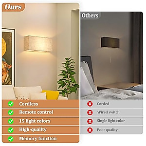 Battery Operated Wall Sconces Set of 2 - Dimmable LED Wall Lights with Remote Control, 15 Color Changeable Wall Mounted Lamps with Fabric Shade, Magnetic LED Wall Light Fixtures for Bedroom Hallway