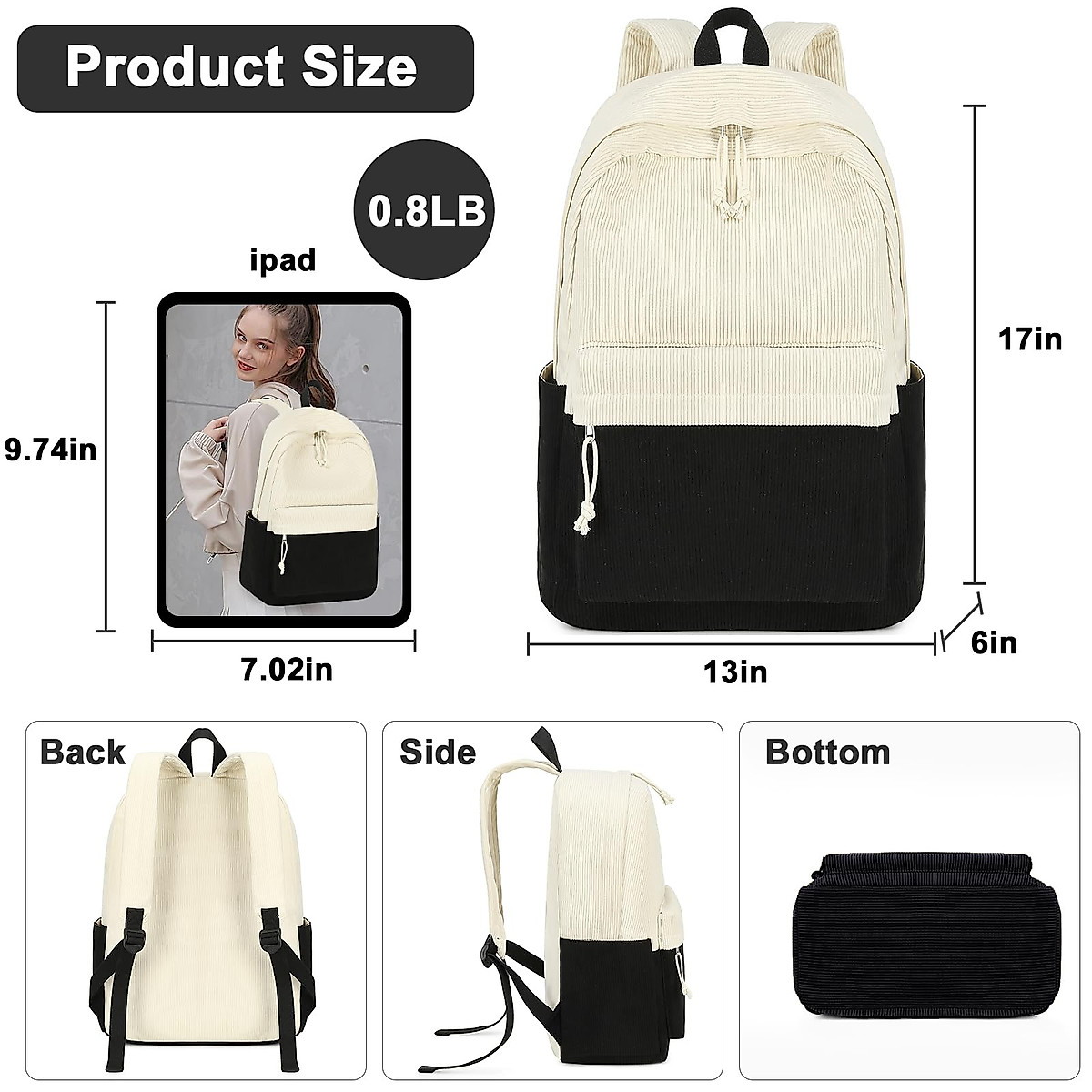 School Backpack for Teens Large Corduroy Bookbag Lightweight 17 inch Laptop Bag for Girls Boys Casual High School College