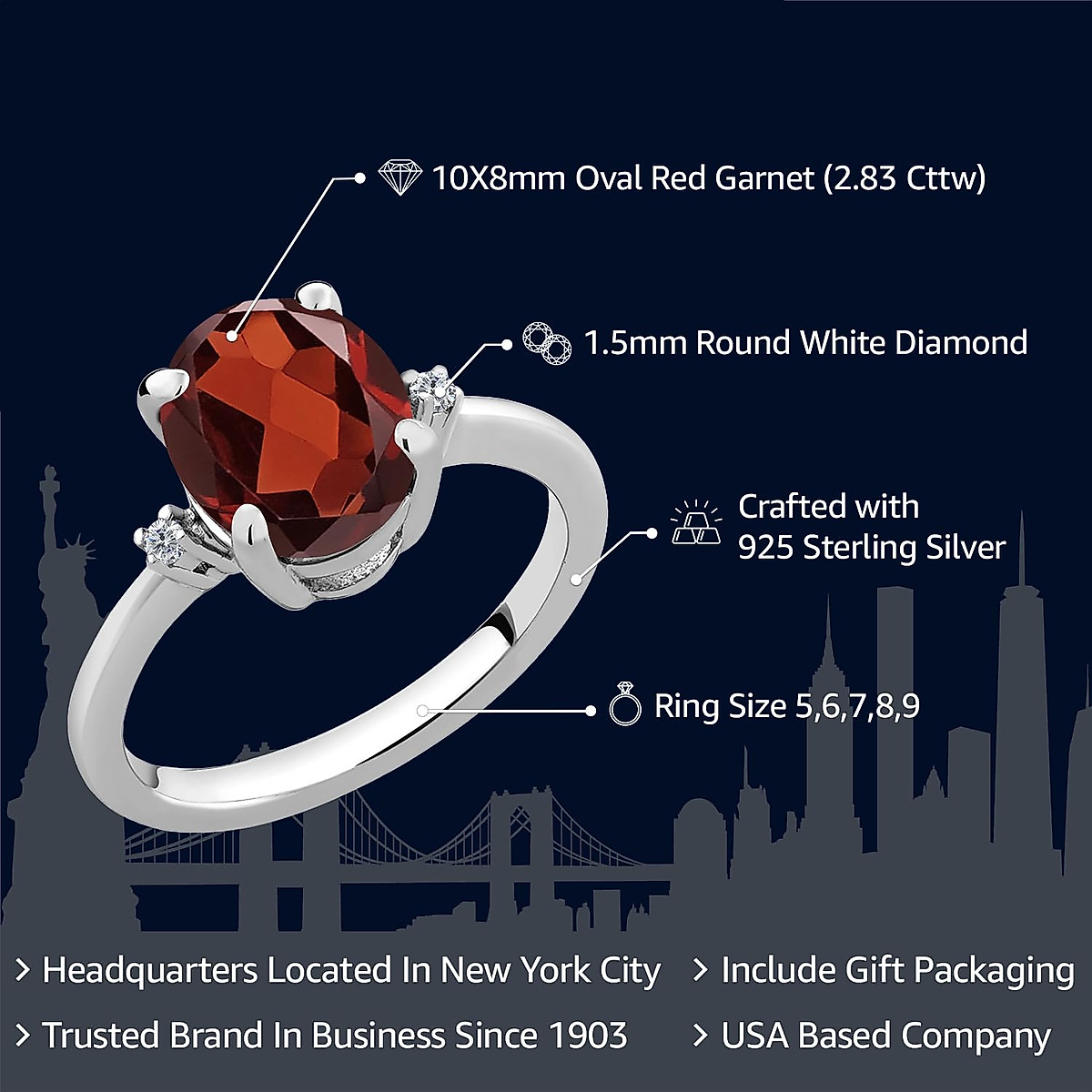Gem Stone King 925 Sterling Silver Red Garnet and White Diamond Engagement Ring For Women | 2.83 Cttw | Oval 10X8MM | Gemstone Birthstone | Available 5,6,7,8,9 (Size 8)
