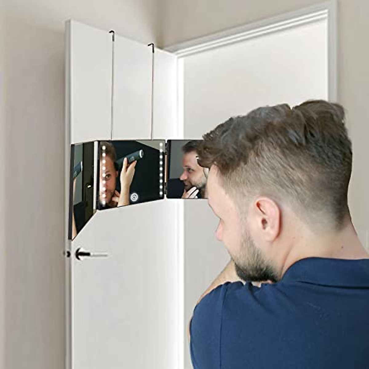 GULAURI 3 Way Mirror with LED Lights for Hair Cutting 360 Barber Mirror Trifold Mirror Portable Mirrors,Adjustable, Portable, Hands-Free