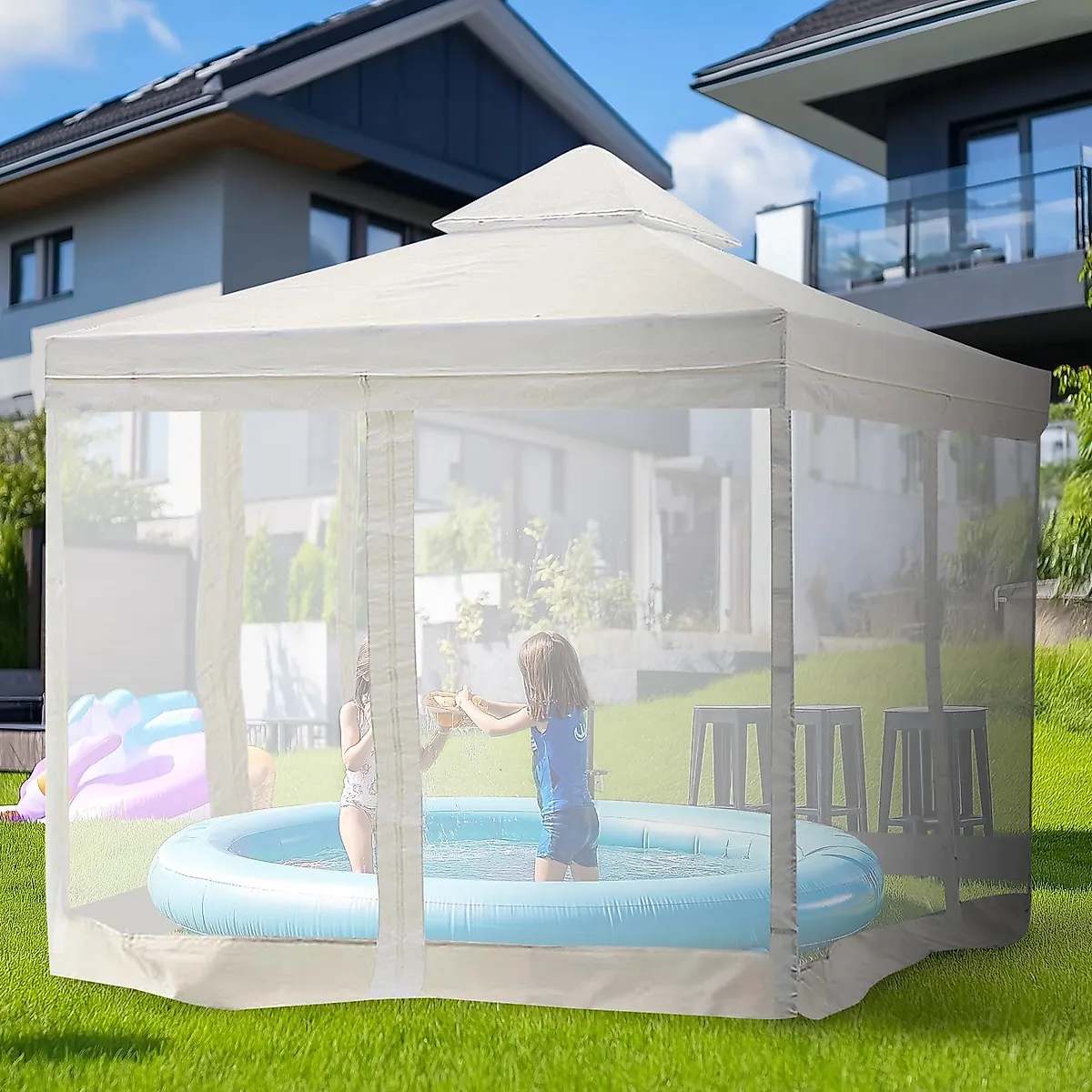 Yescom 10x10Ft Gazebo Top Replacement with Mesh Net for 2 Tier Fit for Y00610T07NET Outdoor Canopy Cover Patio Garden Party Backyard White