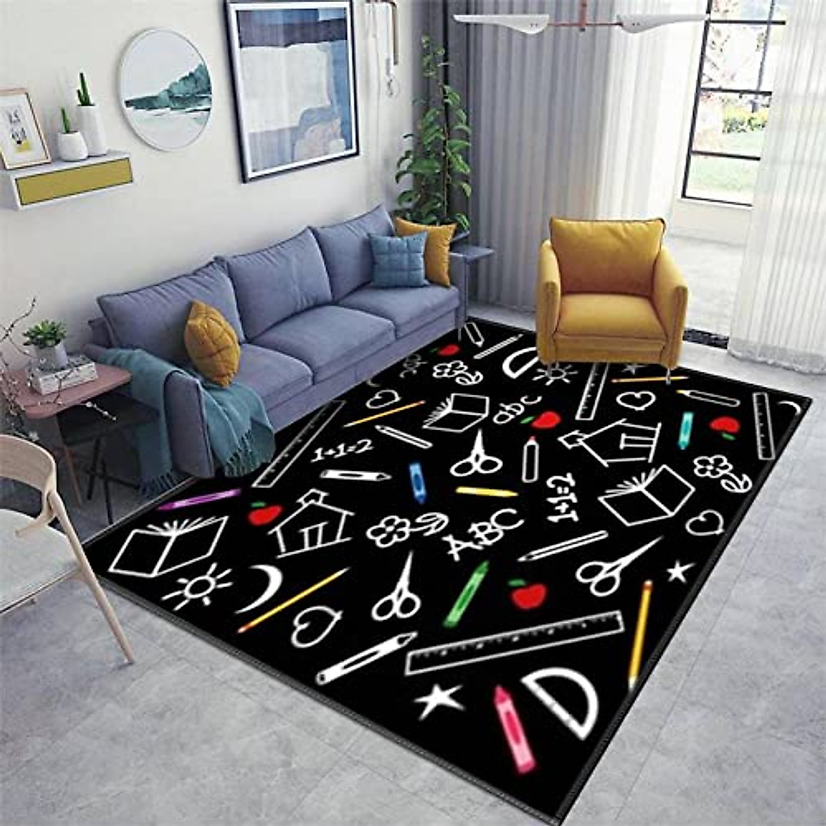 Home Area Runner Rug Pad Back to School Classroom Elementary Schoolgirl Blackboard Chalk Drawings Thickened Non Slip Mats Doormat Entry Rug Floor Carpet for Living Room Indoor Outdoor Throw Rugs