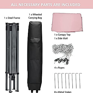 Tangkula 10x10 ft Pop up Canopy Tent, 1 Person Set-up Instant Shelter with Central Lock, Compact Portable Canopy with Roll-up Side Wall, Roller Bag, Stakes & Wind Ropes (Pink)