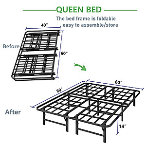 ZIYOO Heavy Duty Folding Bed Frame Queen Size, 14" High Sturdy Steel Slats Support for Mattress, Metal Platform Bed Frame Queen Size, No Box Spring Needed, Quick Assembly, Noise Free, Black