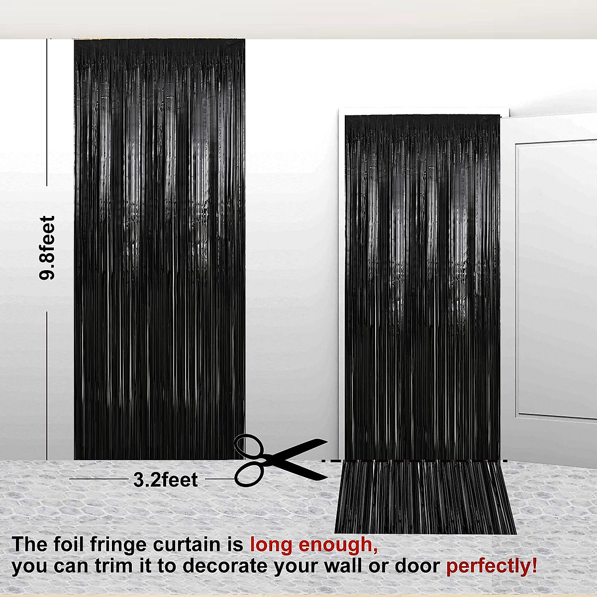 2 Pack 3.2 ft x 9.8 ft Black Tinsel Curtain Party Backdrop Decorations, Metallic Foil Fringe Backdrop Door for Halloween, Christmas, Birthday Graduation Wedding Party Streamers Photo Backdrop.