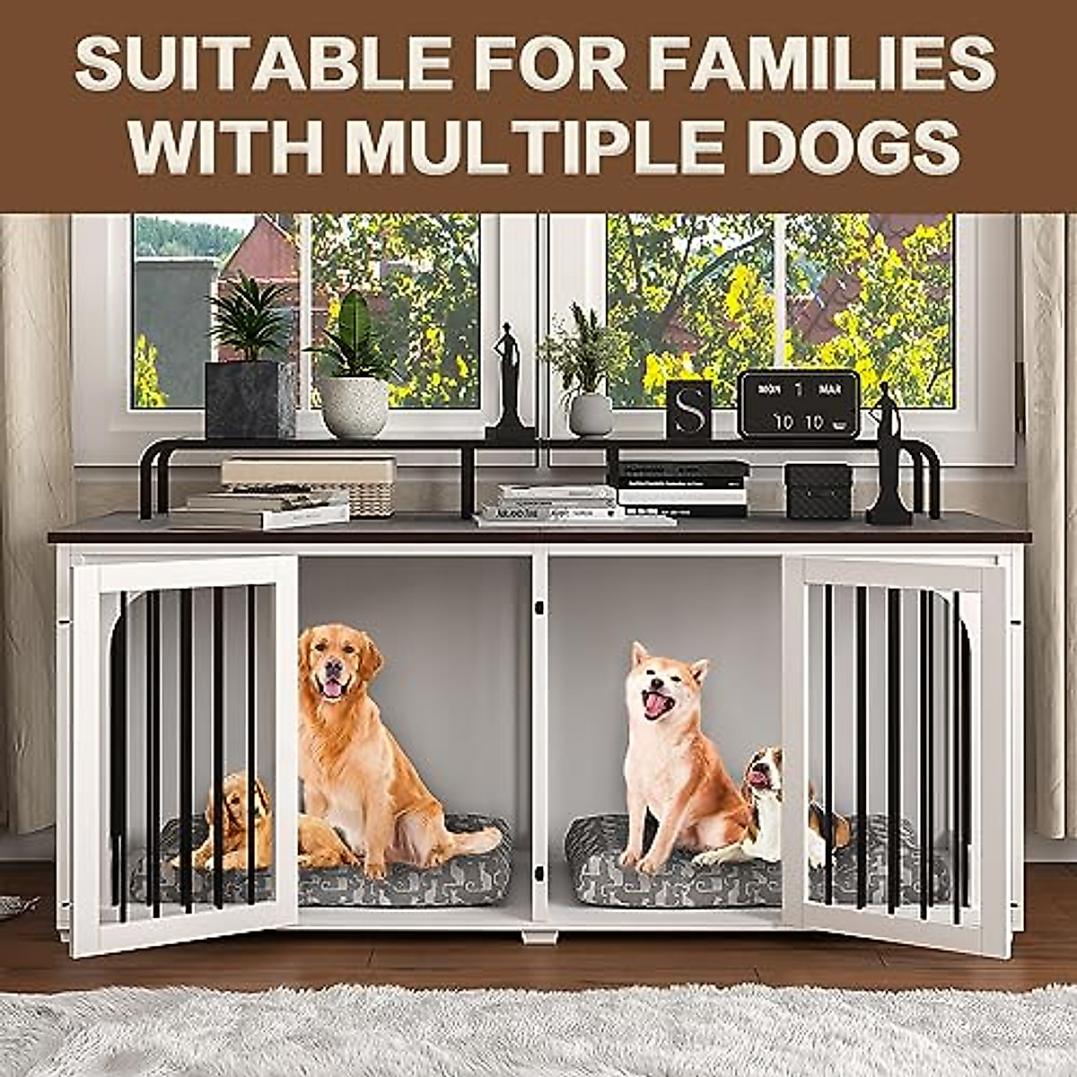 Large Dog Kennel Furniture for 2 Dogs,74.8'' XXL Wooden Double Dog Crates Cage Furniture Style with Divider for Large Breed with Storage Rack Shelf TV Stand Table Indoor,White