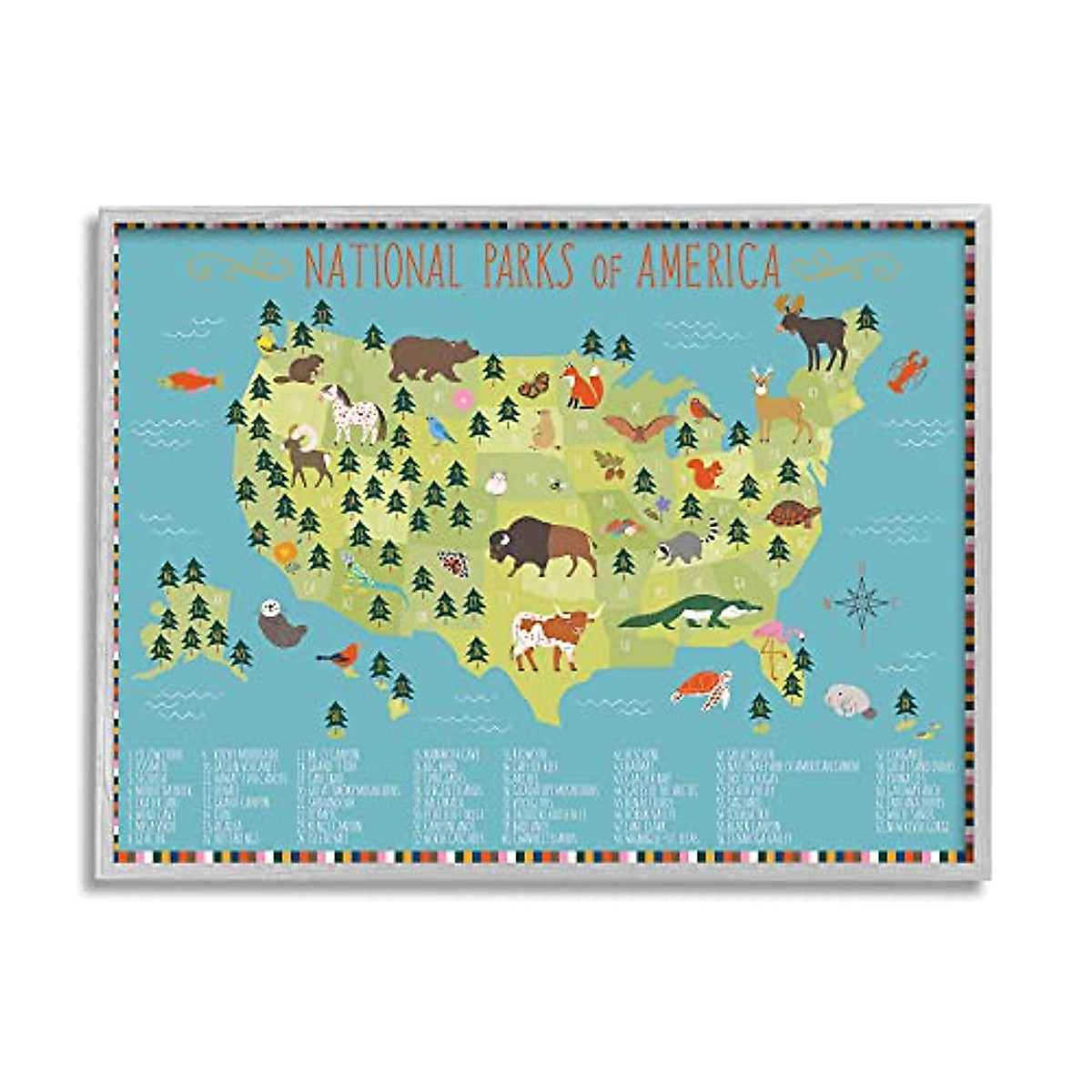 Stupell Industries Children's National Parks of America Map Animal Wildlife Grey Framed Wall Art, 14 x 11, Blue
