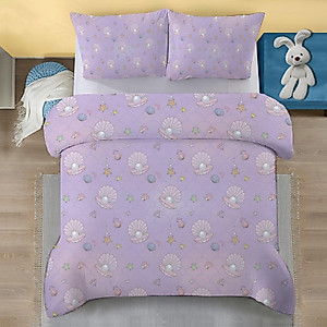 YULEEE Ocean Duvet Cover Set Twin Size - Purple Fish Scales Bedding Set for Kid, Bedroom Decor, Diamonds Pearl Shells Quilt Cover with Zipper Closure, 3 Pcs Reversible Soft Comforter Cover Set