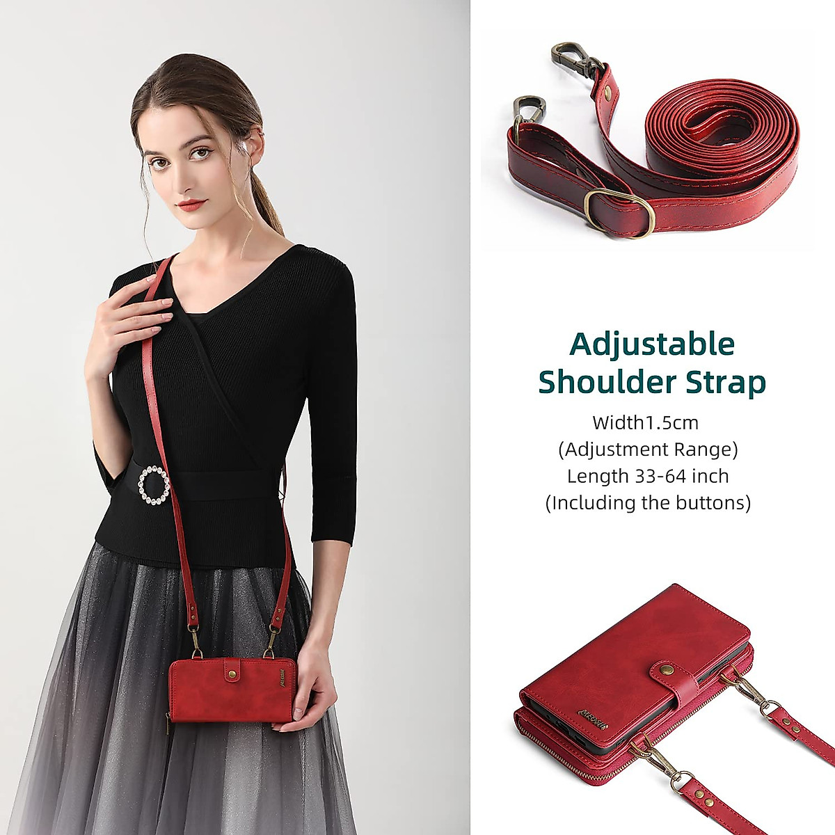 Misscase Compatible with iPhone 13 Wallet Case 2021,Multi-Function Wallet Case,2 in 1 Detachable Magnetic Wallet Case with Card Holder,PU Leather Flip Cover with Lanyard,13 Card Slots Red