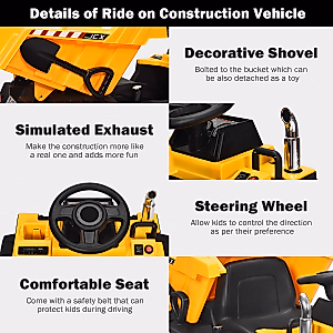 Costzon Ride on Car, 12V Ride on Dump Truck w/Remote Control, Electric Dump Bed, Music, Horn, USB, AUX, Treaded Tires, Shovel, 3 Speeds, Battery Powered Construction Vehicle, Electric Car for Kids