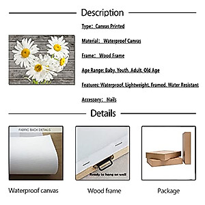TAOMI White Daisy Flowers Picture Bedroom Bathroom Wall Art Yellow Daisy Flower Wood Grain Canvas Print 12x16 Rustic Farmhouse Floral Artwork for Living Room Office Home Decor Ready to Hang
