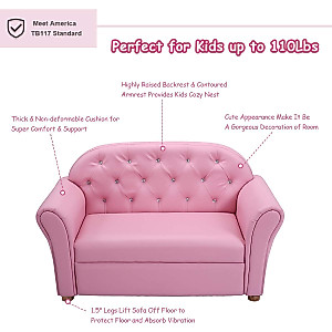 HONEY JOY Kids Sofa, 2 Seat Touch Couch Lounger Chair, Cute Gem Studs, Children Comfy Loveseat Sofa Bed for Playroom Daycare Furniture, Mini Double Foam Play Couch for Princess Girls, Pink