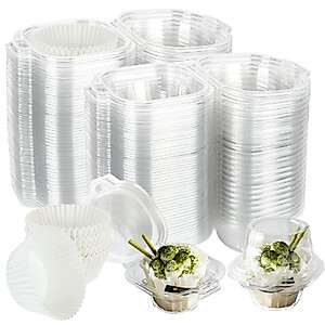FVIEXE 100 Pack Individual Cupcake Containers, Single Plastic Cupcake Storage Boxes, Disposable Clear Cupcake Holder with Lid To Go Muffin Transport Carrier with 100 Pack Cupcake Liners for Party