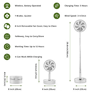 EZYDAYYI Rechargeable Battery Operated Fan for Bedroom, 7200 mAh 8 inch Foldable Oscillating Fan with Remote and Timer, 4 Speeds Portable Floor Standing Fan Small Table Desk Fan for Travel Camping