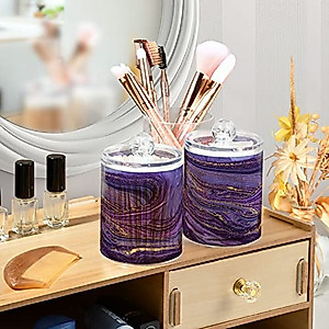 Coikll Purple Marble Qtip Holder with Lid 2PCS Apothecary Jars Storage Containers, Clear Plastic Canister for Cotton Swab,Floss Picks, Cosmetics