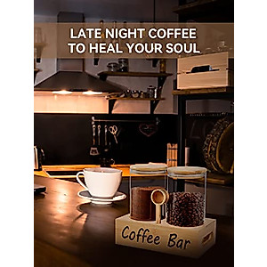 Glass Coffee Containers with Shelf Printed Coffee Bar- 2 Pcs 49oz BPA Free Coffee Storage Jars with Airtight Sealed Bamboo Lids Spoon, Kitchen Food Storage Jars for Coffee Beans & Powder, Sugar, Tea