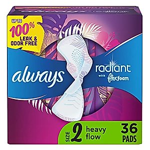 Always Radiant Feminine Pads for Women, Size 2 Heavy, with wings, scented, 36 count