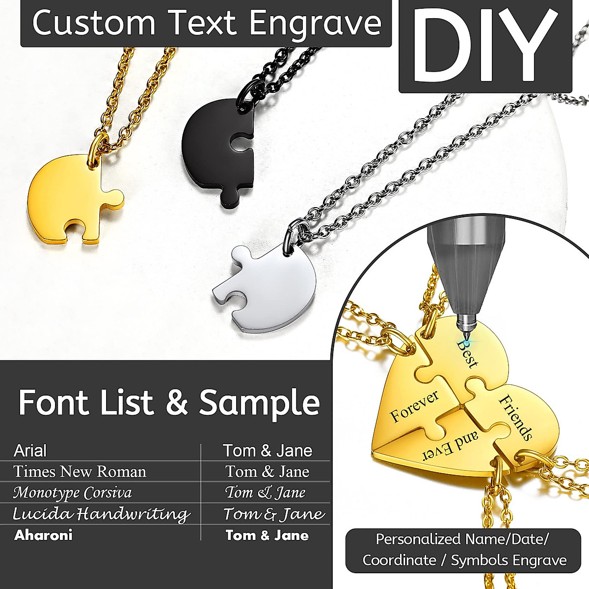 Puzzle Piece Necklace 4 Pcs, Gold BFF Necklace for 4 Matching Heart Pendant Neck Charms for Couple, Women Men Friendship Love Jewelry Set Gift for Him Her