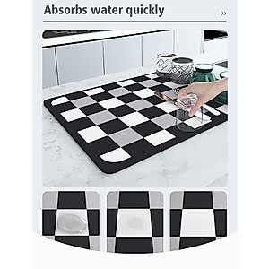 Dish Drying Mat, Kichen Mats, Easy clean, Heat-resistant PVC Mats for Kitchen Counter, Coffee, Bars, Restaurants Counter Top, Kitchen Mat Contain Diatomaceous earth (20x16 Inch Black-White Plaid)
