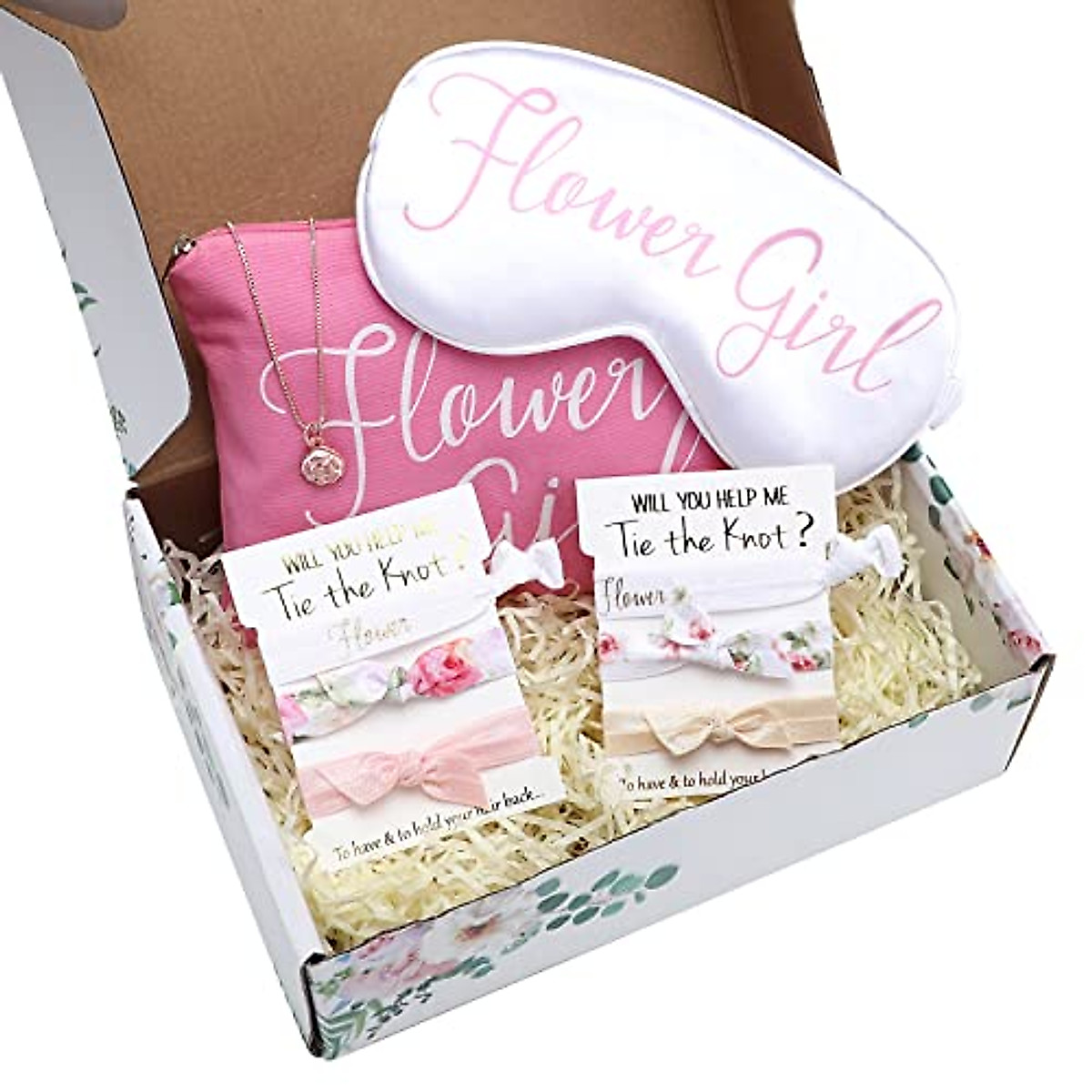 10 Pcs Flower Girl Proposal Gift Set, Flower Girl Box Flower Girl Necklace Sleeping Mask Makeup Pouch and 6 Pcs Flower Hair Ties Will You Be My Flower Girl Proposal Box for Bride Showers