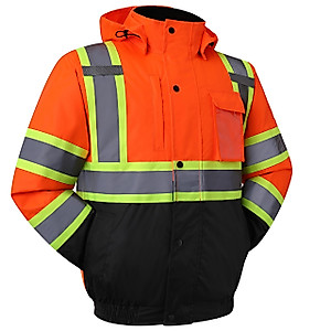 JKSafety Hi-Vis Winter Safety Bomber Jacket for men and women | Winter Safety Jacket Durable and Waterproof | Construction Work Jacket for Winter | Cold Weather PPE | ANSI Class 3 (116-OBlk L)