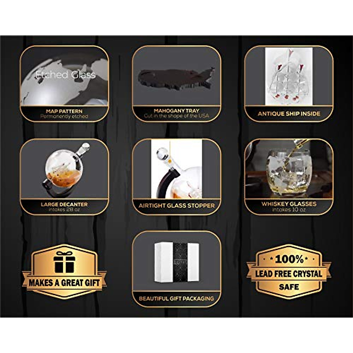 Whiskey Decanter Gift Set - World Etched Globe Decanter Airtight Stopper Antique Ship Liquor Dispenser Perfect Bar Gift Bourbon Scotch Vodka Liquor USA Map Tray 850 ml - Christmas holiday gifts