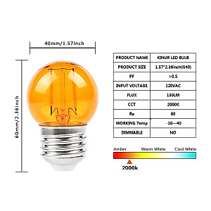 KINUR G40 Small dim Amber LED Edison 2000K 2 watt-15 watt Equivalent, E26 Base Low watt Soft Warm Light Bulbs for Healthy Sleep and Baby Nursery Light 4 Pack