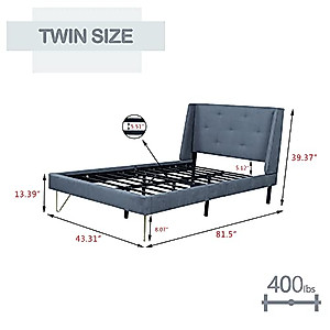 AGARTT Upholstered Platform Twin Size Bed Frame with Wingback Headboard No Box Spring Required No Noise Dark Grey Linen