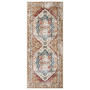 Lanffia Boho Rug Runner 2x5 Washable Persian Hallway Runner Rug Vintage Distressed Entry Throw Area Rug Non-Slip Low-Pile Floor Carpet for Kitchen Bathroom Laundry Room Bedroom, Yellow/Multi