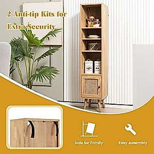 Giantex 54" Tall 4-Tier Bookcase with Door, Freestanding Slim Narrow Book Cabinet with Adjustable Shelf, Vertical Bookshelf with Leg, Open Shelving Display Rack, Boho Wooden 4-Cube Storage Organizer