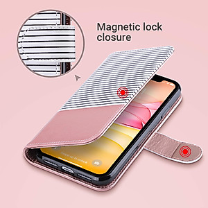 ULAK Compatible with iPhone 11 Wallet Case with Card Holder, PU Leather Flip Cover with Kickstand Magnetic Closure, TPU Shockproof Interior Protective Case for iPhone 11 6.1 Inch, Pink Stripes