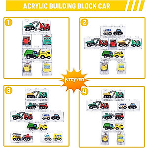 jerryvon 14 Mini Cars & 7 Acrylic Display Boxes Construction Pull Back Vehicle Toys for 3 4 5 Year Old Toddlers Boys Kids Trucks Tractor Bulldozer Party Favors Supplies Birthday Gift
