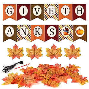 FEPITO Give Thanks Banner with Paper Colorful Turkey Pumpkin Artificial Maple Leaves Decoration Kit Total 203 PCS for Autumn Fall Party Thanksgiving Day Party Supplies Decorations
