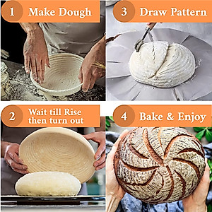 T & T HOME Handmade Banneton Bread Proofing Basket Set, 2 Round 10 Inch Baskets with Linen Liner, Dough Scraper, Bread Lame, Measuring Cup and Spoon, Sourdough Baking Starter Kit