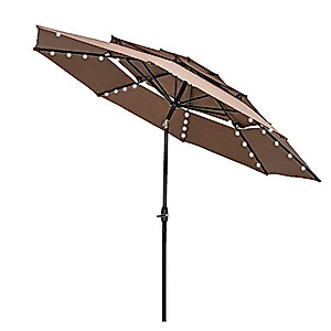 outdoor basic 10Ft 3 Tiers Vented Patio Umbrella Market Table Umbrella with Lights and Crank Handle with Auto-tilt Mechanism Coffee