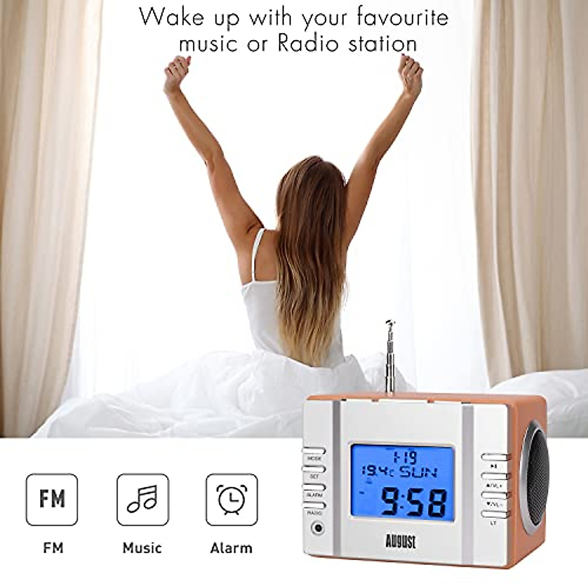 August MB300 Mini Wooden MP3 Stereo System and FM Clock Radio, with Card Reader, USB Port & AUX Jack (3.5mm Audio In), 2 x 3W Powerful Hi-Fi Speakers and Built-in Rechargeable Battery