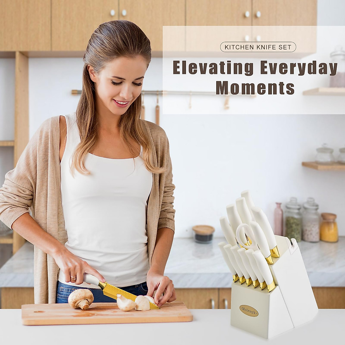 Knife Set, Non Stick Thick and Sharp Stainless Steel Kitchen Knives Set with Wood Block, 14 Pcs Cutlery Knives Block Set with Steak Knife, Bread Knife, Scissors, Chef Quality, White Handle Gold Blade