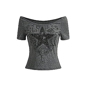 SOLY HUX Women's Y2k Graphic Tees Crop Tops Star Print Off Shoulder Short Sleeve T Shirts Dark Grey Star S