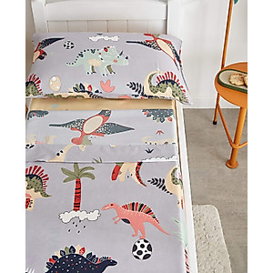 UOZZI BEDDING 4 Piece Gray Dinosaurs Toddler Bedding Set with Colorful Dinos Boys Bed Comforter Sheet Set