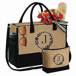 YOOLIFE Gifts for Women Birthday - Beach Tote Bag Makeup Bag Personalized Gifts for Women Her Friends Female Mom Teacher Sister Bridesmaid Bride Bridal Shower Gift Initial Tote Bag with Zipper J