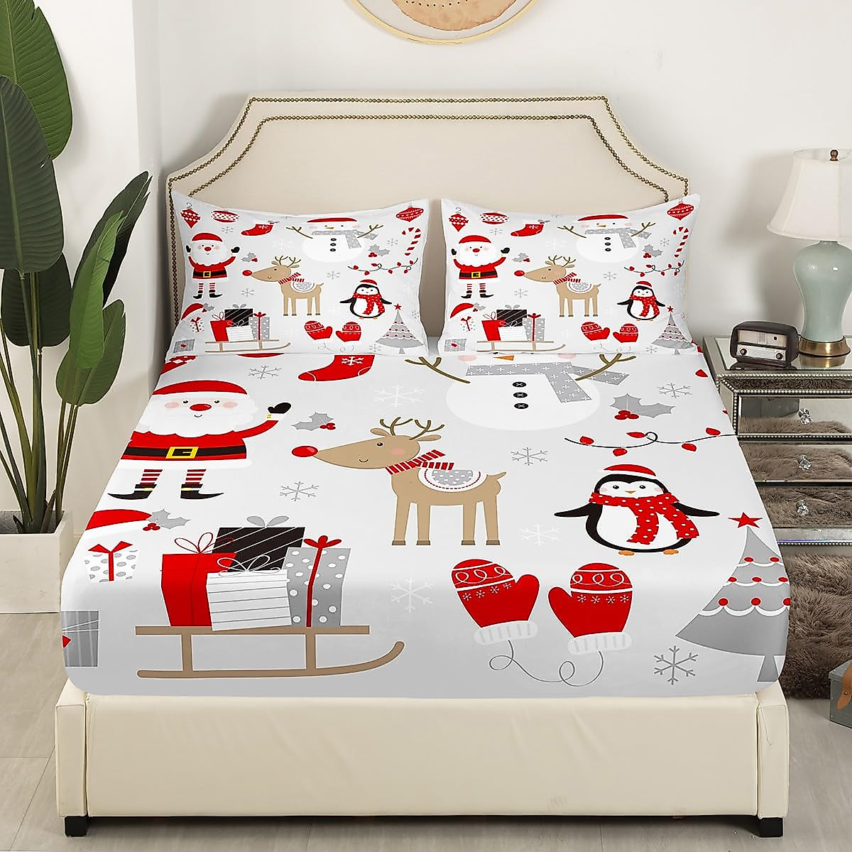 Cute Cartoon Penguin Fitted Sheet Merry Christmas Bed Sheets Full Size Santa Claus Gifts Bed Set Happy New Year Xmas Bedding Set 3 Piece Christmas Elk Christmas Themed Bedding